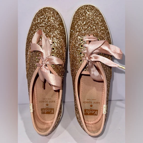 Keds | Shoes | Kate Spade Gold Glitter Sneakers With Pink Ribbon | Poshmark